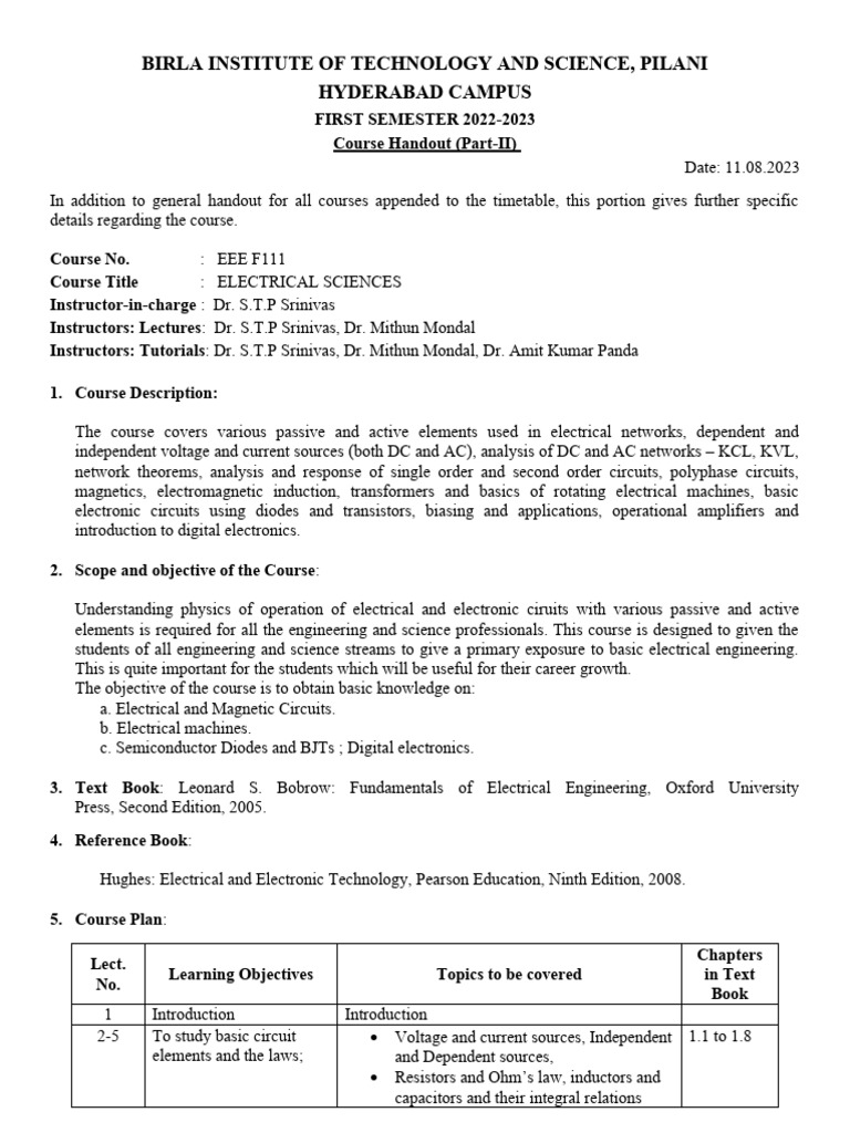 EEE F111 Electrical Sciences Handout I-Sem - 2023 - 2024 | PDF ...