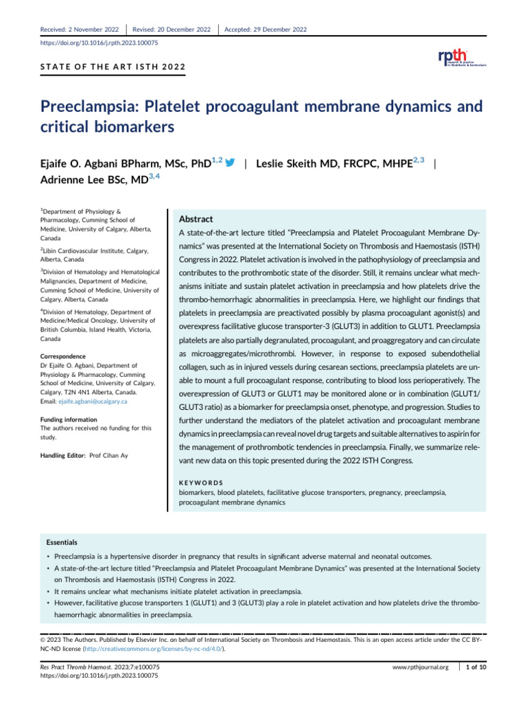 Preeclampsia - Platelet Procoagulant Membrane Dynamics and Critical Biomarkers | PDF