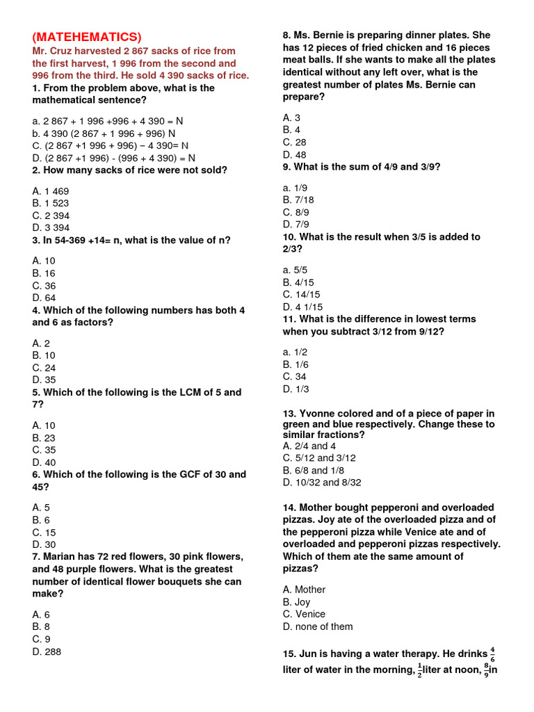 Reviewer in Grade 5 Math and English | PDF