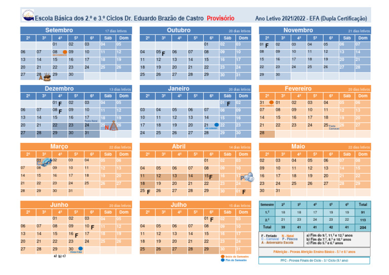Calendário Escolar 2021-2022 - Semestral - V2 EFA | PDF