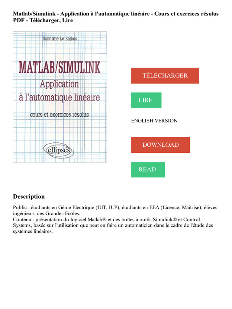 Matlab/Simulink - Application À L'automatique Linéaire - Cours Et Exercices Résolus PDF ...
