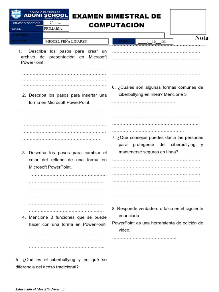Examen Bimestral Computacion 5to Primaria | PDF