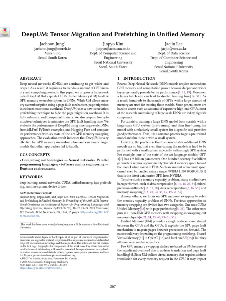 Deepum: Tensor Migration and Prefetching in Unified Memory: Jaehoon Jung Jinpyo Kim Jaejin Lee | PDF