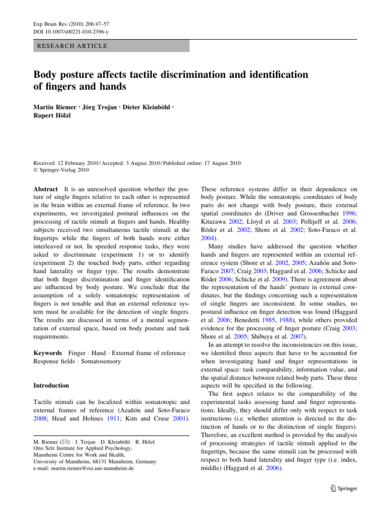 Body Posture Affects Tactile Discrimination and Identification | PDF