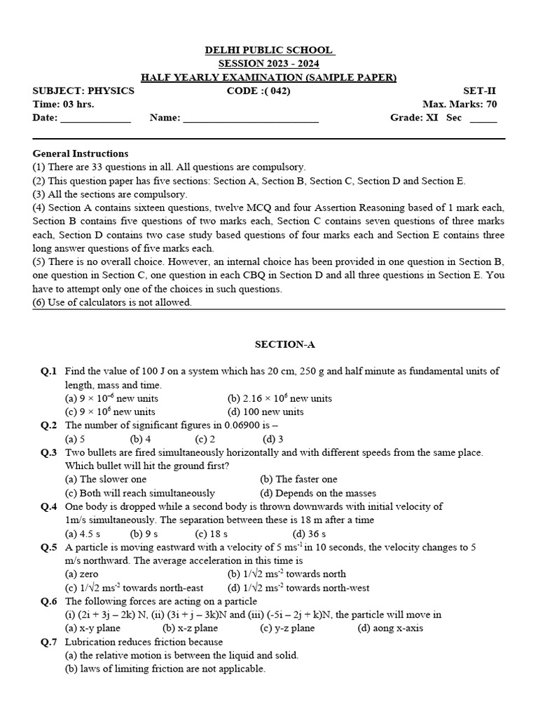 Xi-Physics-Half Yearly Exam (Sample Paper) - Set-Ii-2023-24 | PDF | Rotation Around A Fixed Axis ...