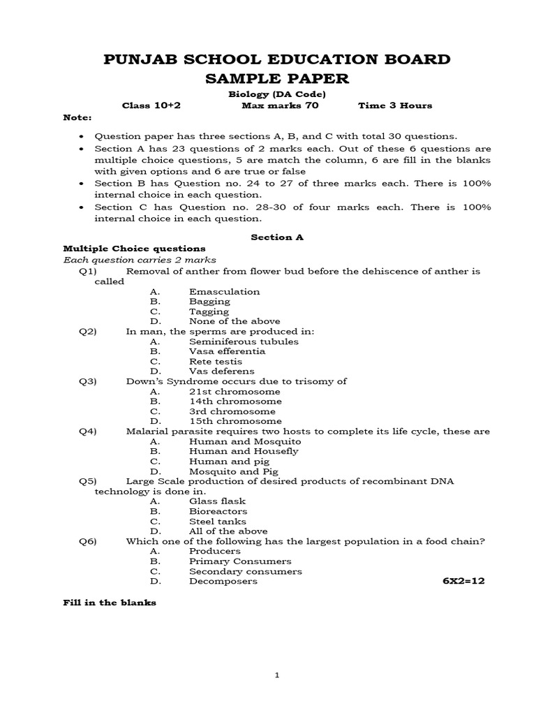Class 12 Biology Model Test Paper | PDF