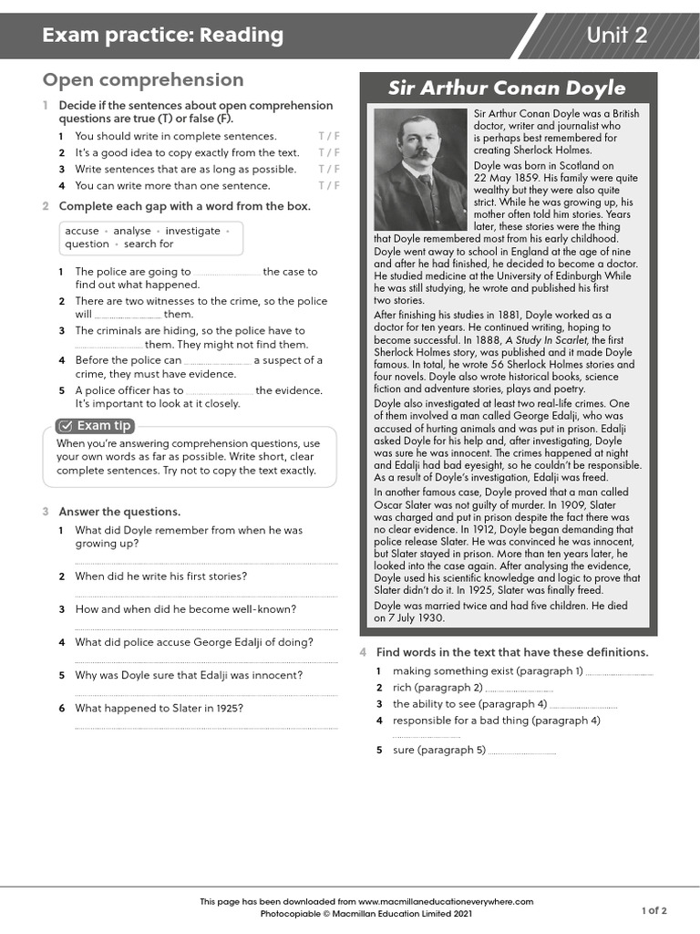 B1 U2 Exam Practice Reading | PDF | Arthur Conan Doyle | Sherlock Holmes