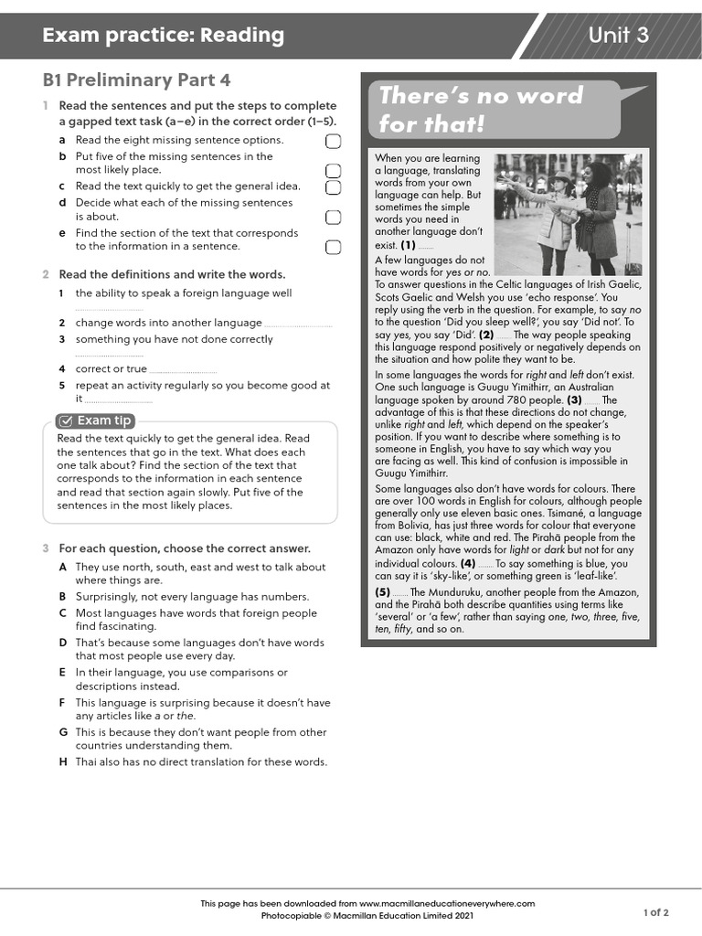 B1 U3 Exam Practice Reading | PDF | Language Arts & Discipline