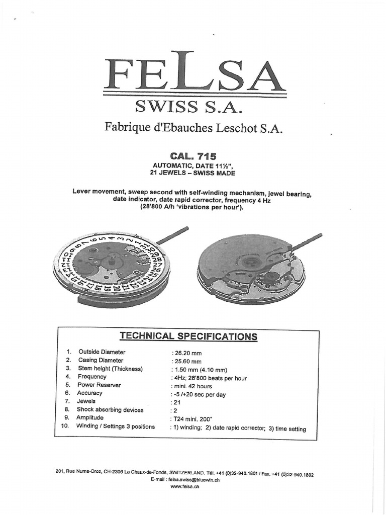 Spécifications techniques FELSA Calibre 715 | PDF