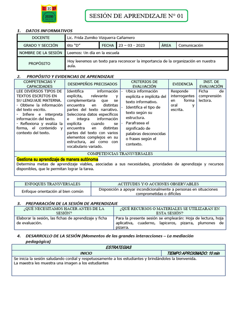 Leemos: Un día en la escuela | PDF | Aprendizaje | Evaluación