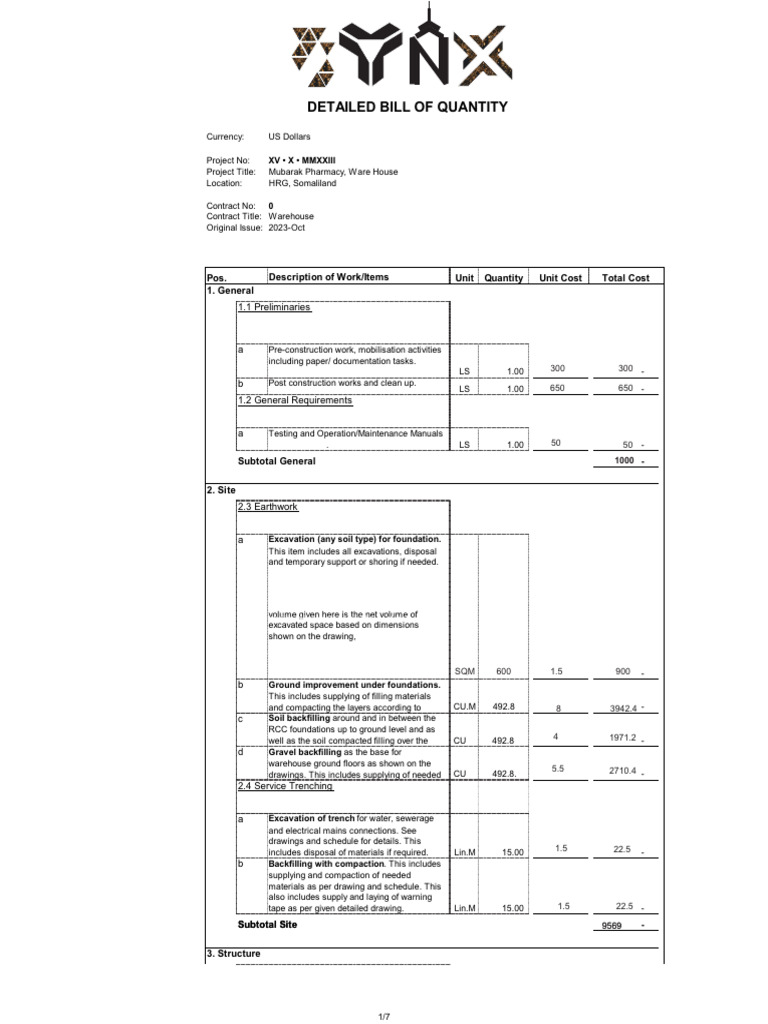 Warehouse Construction Bill of Quantities | PDF