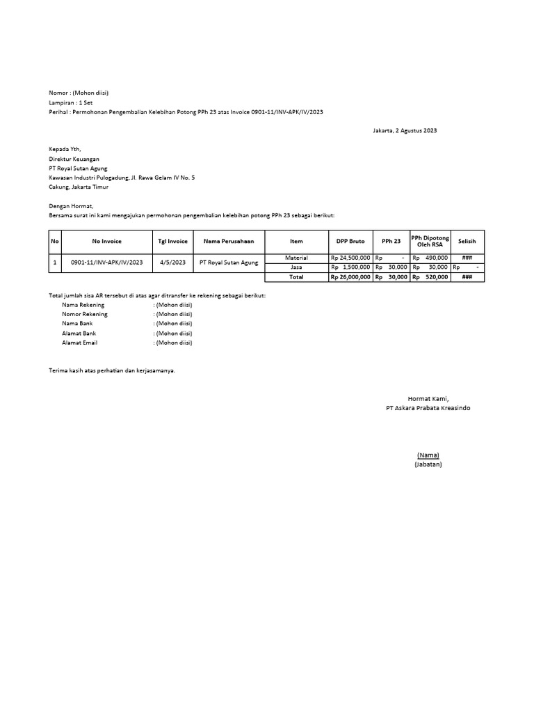 Template Surat Permohonan Reimbursement PPH 23 - PT Askara Prabata ...