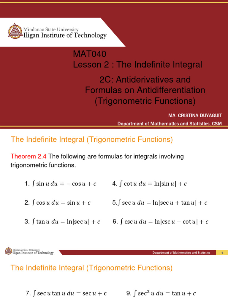 Lesson2c 040 The Indefinite Integral Trigonometric Functions V3 Pdf