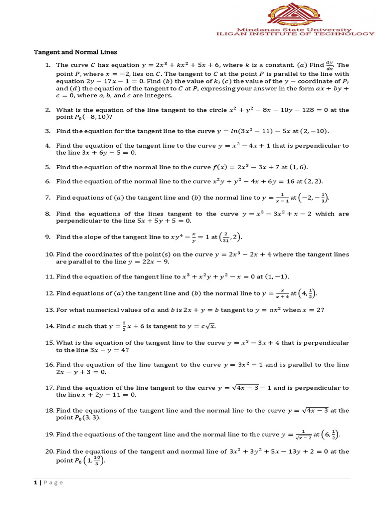Tangent and Normal Lines | PDF | Tangent | Line (Geometry)