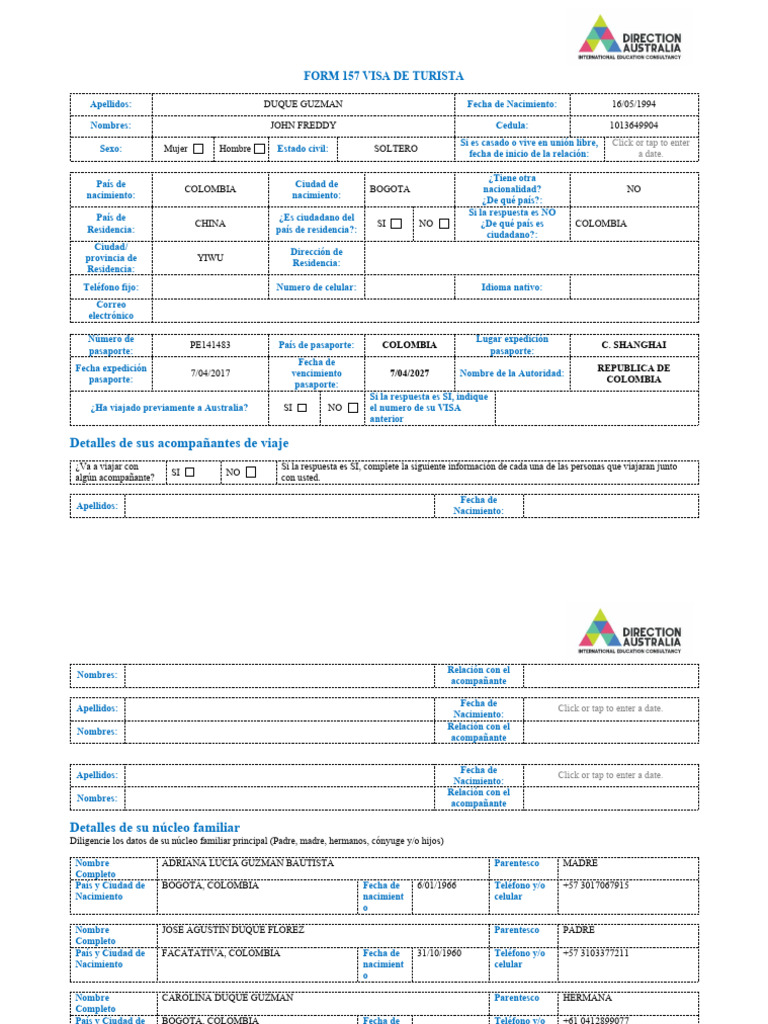 Formulario 157: Visa de Turista Australia | PDF | Visa de viaje ...