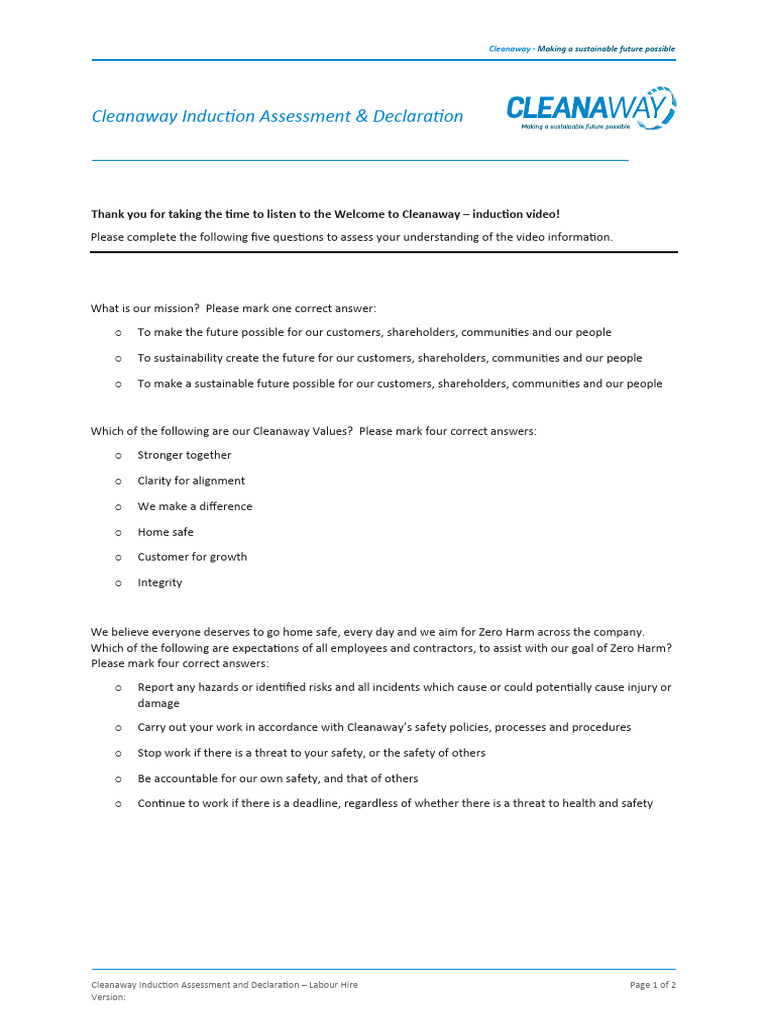 Cleanaway Induction Assessment Form | PDF | Safety | Risk