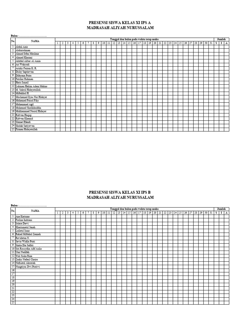 Presensi Siswa 2018 2019 Kelas Pdf