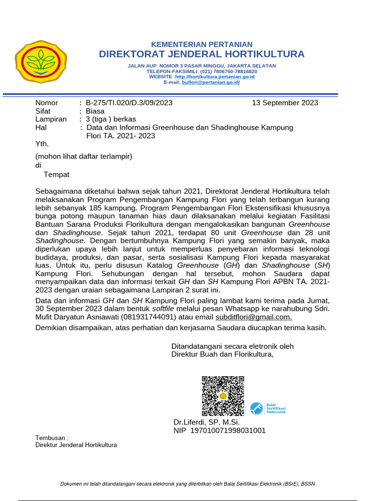 Surat Data Dan Informasi GH SH Kampung Flori TA. 2021-2023 | PDF
