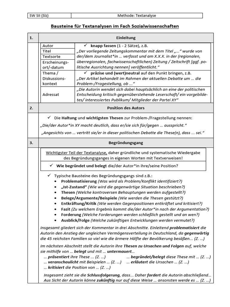 Textanalyse Bausteine Methodenblatt | PDF