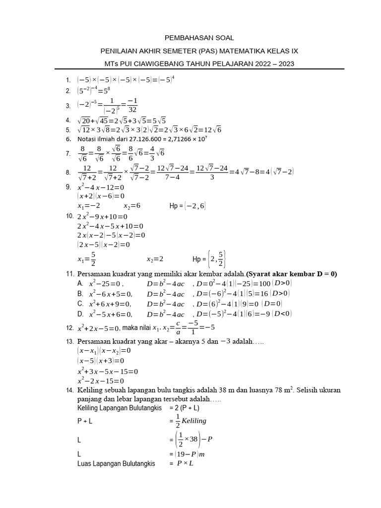 Soal dan Pembahasan PAS Matematika Kelas IX | PDF