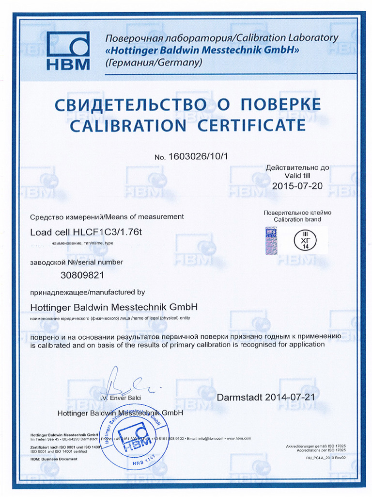 Calibration Certificates Load Cells | PDF