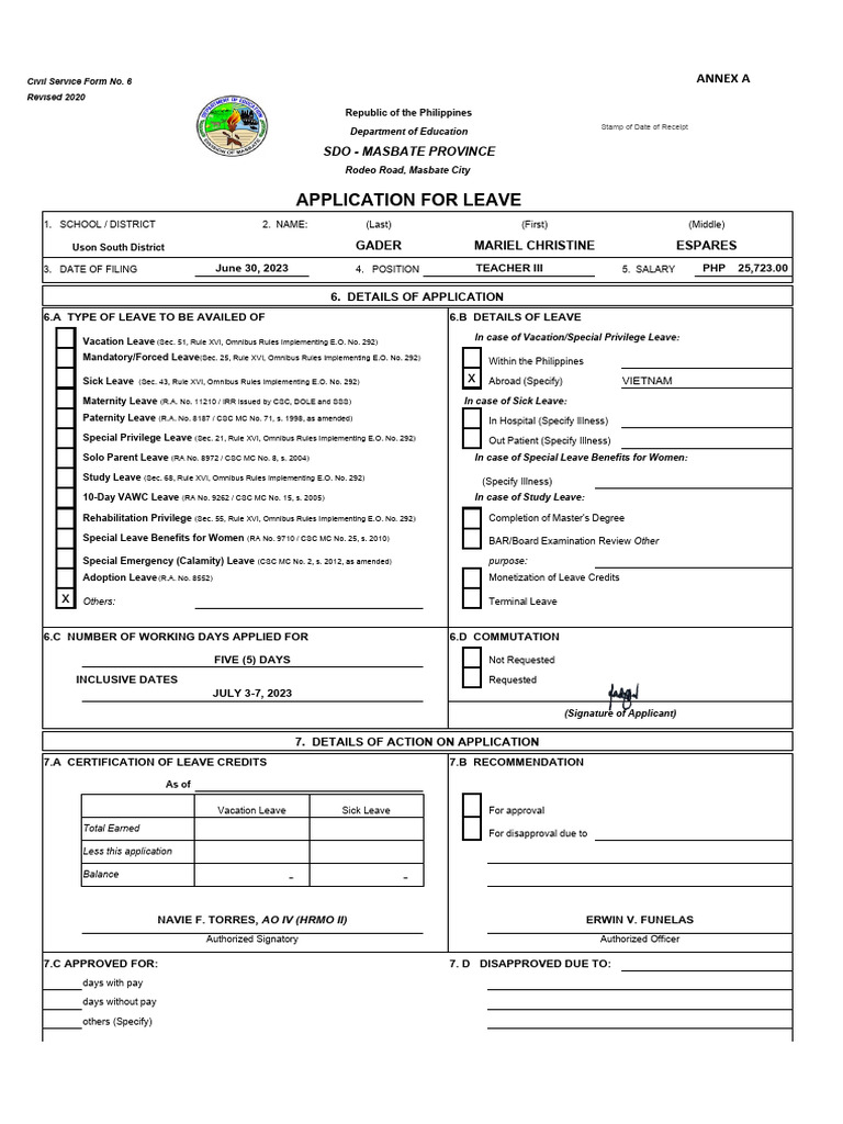 Leave Form Sample Deped | PDF | Parental Leave | Restraining Order