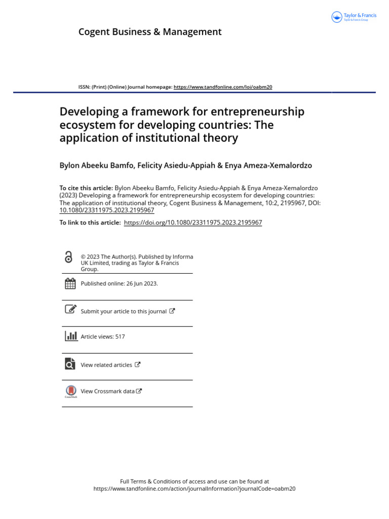 Developing A Framework For Entrepreneurship Ecosystem For Developing
