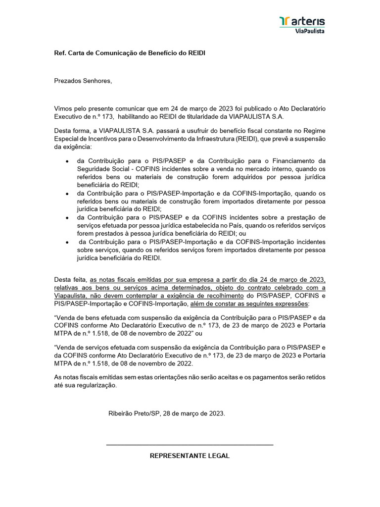 Anexo B.05 - Comunicado REIDI - ViaPaulista 2023 | PDF