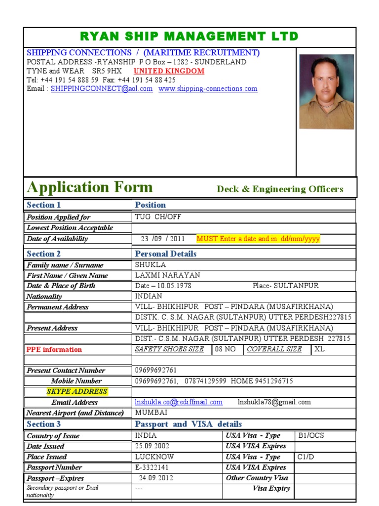 Ryan Ship Management Application Form | PDF | Oil Tanker | Ships