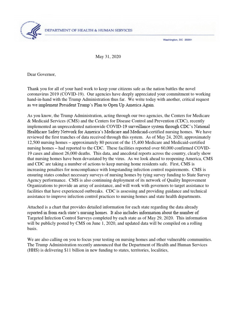 6.1.20 CDC - CMS Letter To Governors On NH | PDF | Centers For Disease Control And Prevention ...