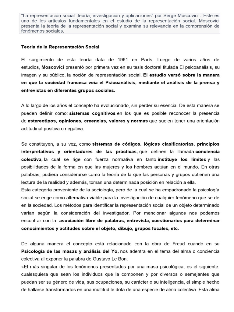 Teoría de la Representación Social según Moscovici | PDF | Sicología ...