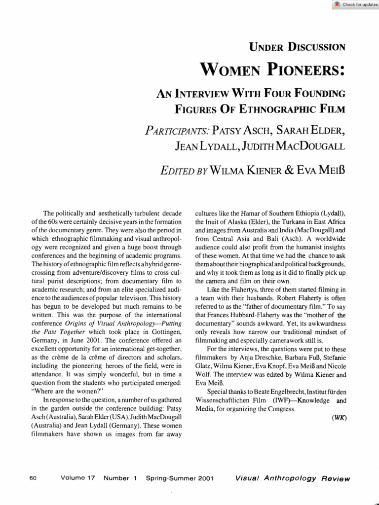 Visual Anthropology Review - 2008 - Kiener - Women Pioneers An Interview With Four Founding ...