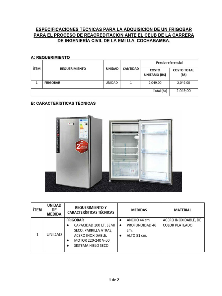 Especificaciones Tecnicas Frigobar.d | PDF