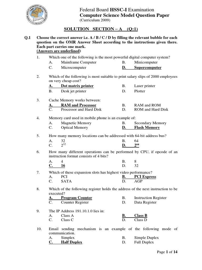 Computer Science HSSC-I Solution | PDF Computer Science HSSC-I Solution | PDF