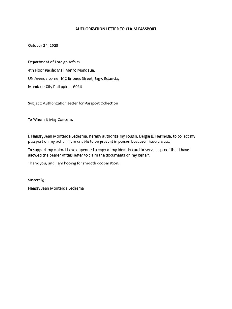 Authorization Letter To Claim Passport | PDF