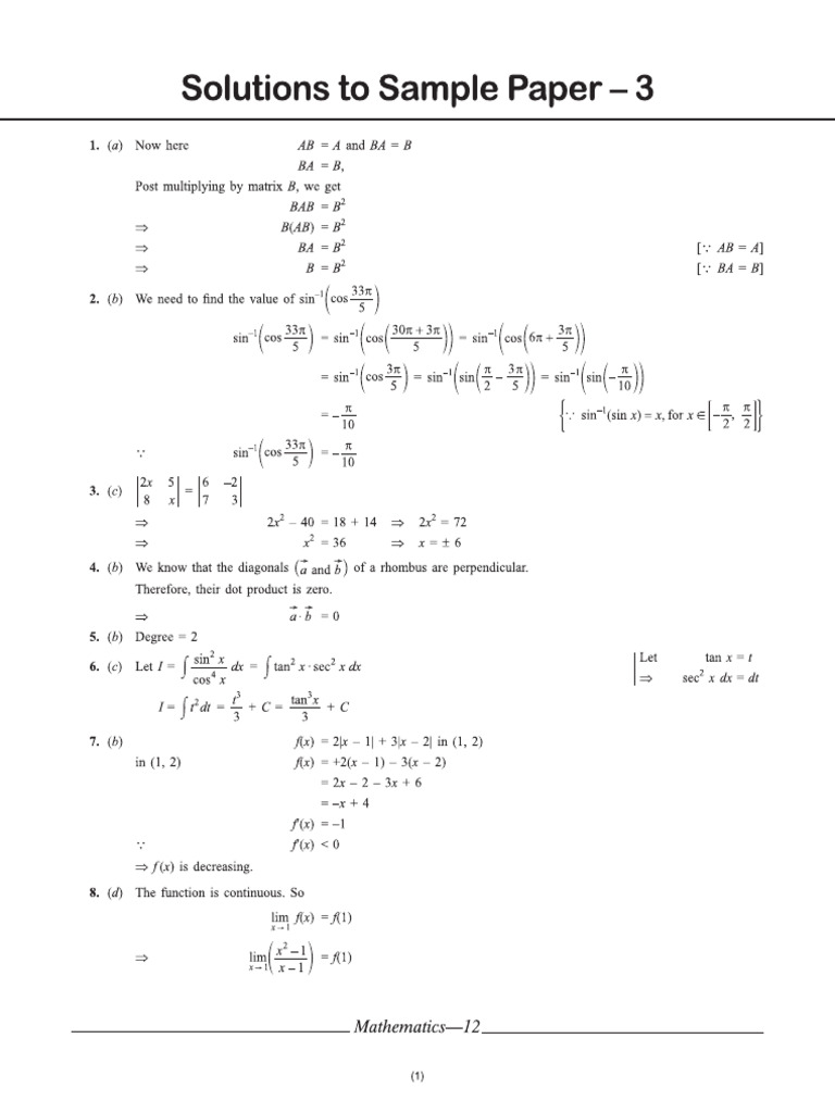Cbse Cl12 Ead Mathematics Solutions To Sample Paper 3 | PDF