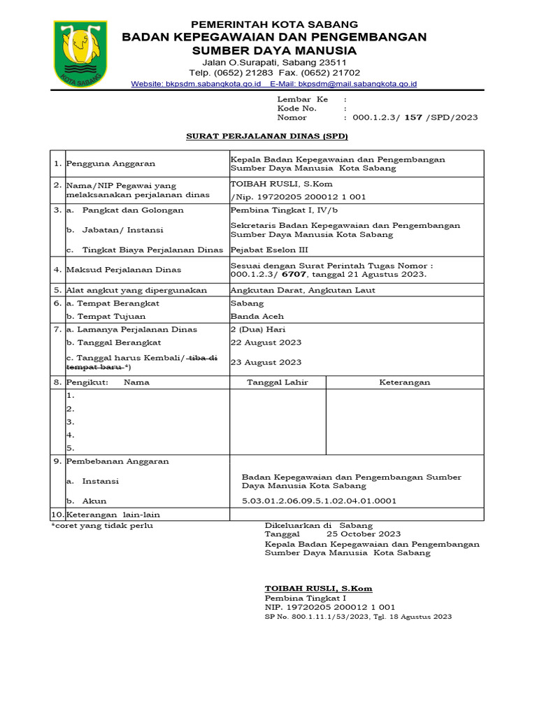 Surat Perjalanan Dinas (SPD) | PDF