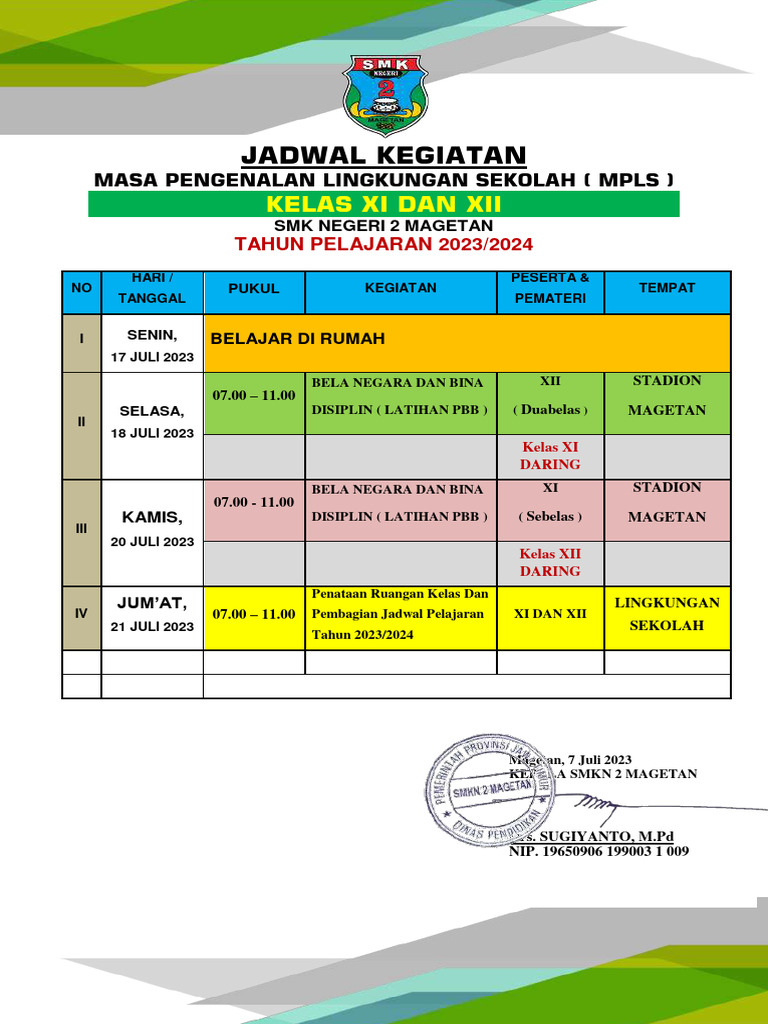 Jadwal MPLS 2023.2024 - Xi & Xii | PDF