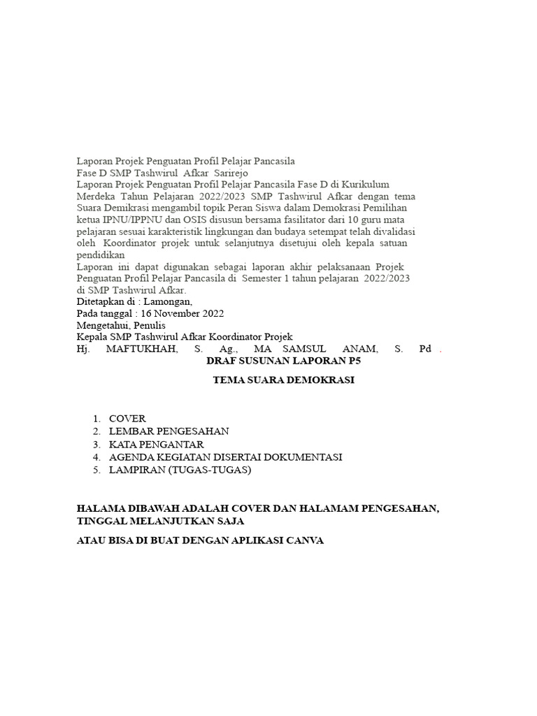 Draft Susunan Laporan P5 Fase E Dan Lembar Pengesahan | Pdf
