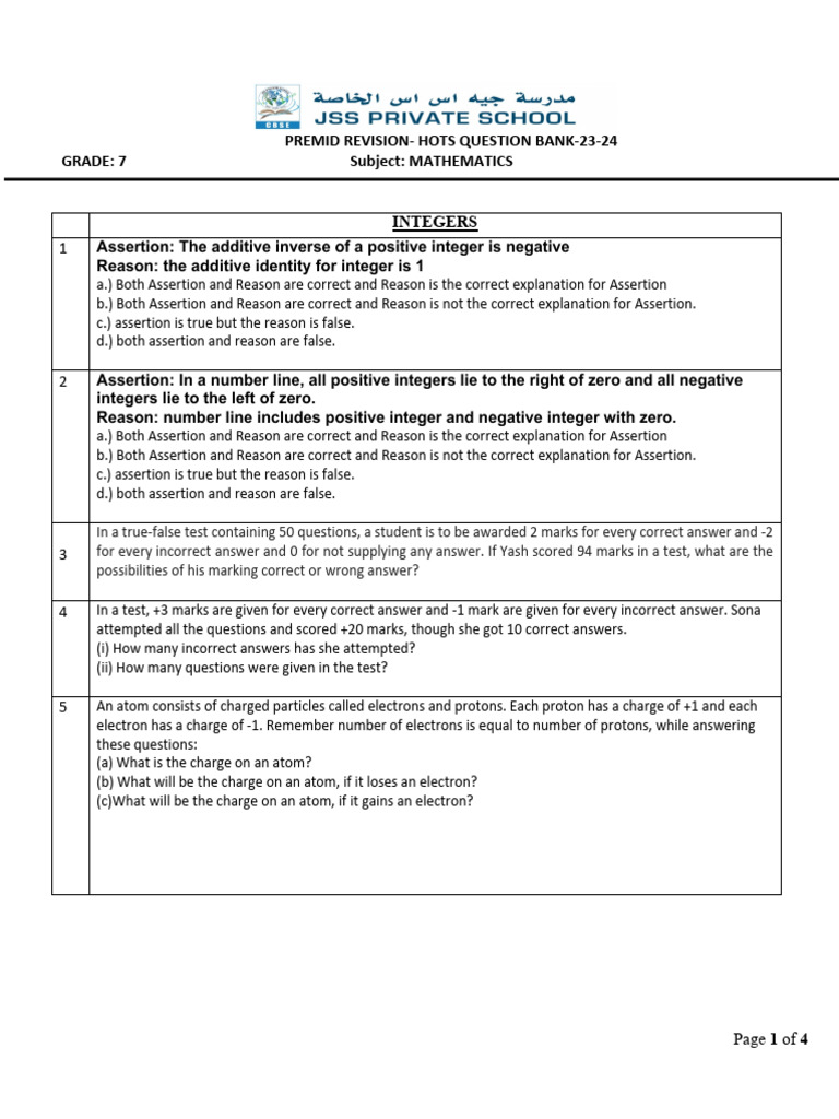 GR 7 MATH HOTS Question Bank - PRE MIDTERM QP - 2023-24 | PDF