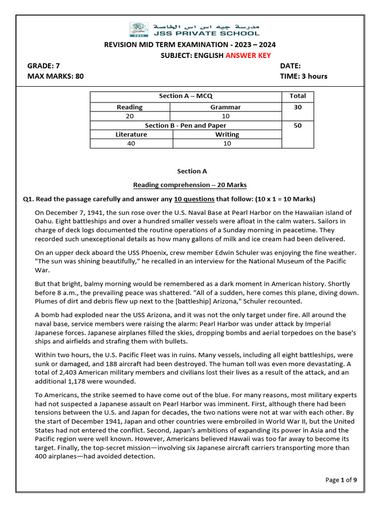 Grade 7 English Midterm Exam Answer Key | PDF | Social Science | History