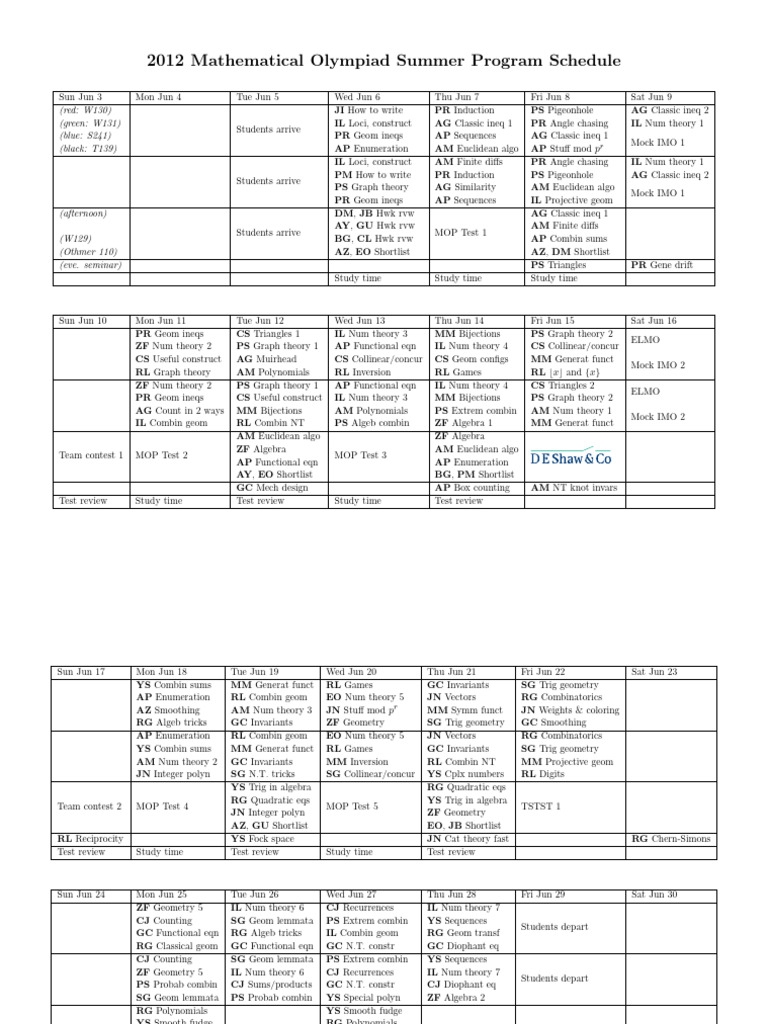 2012 Mathematical Olympiad Summer Program Schedule | PDF | Number Theory | Combinatorics