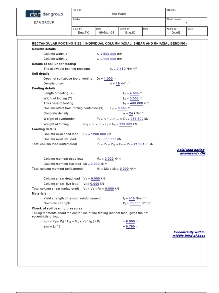 Rectangular Footing Size - Individual Column (Axial, Shear and Uniaxial Bending) Column Details ...
