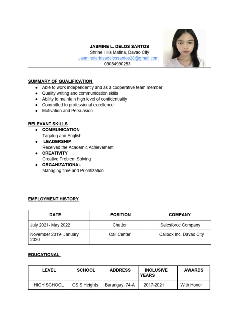 Jasmine Delos Santos Resume Overview | PDF