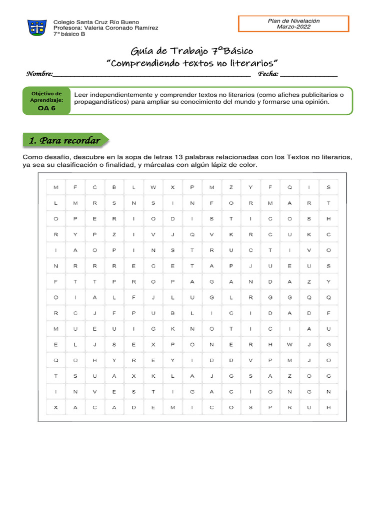 Guía de Trabajo OA6 Comprendiendo Textos No Literarios | PDF