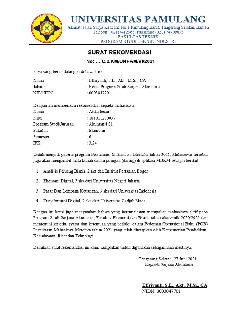 Surat Rekomendasi PMM Mahasiswa S1 Akuntansi | PDF