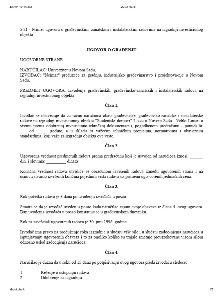 Ugovor o Građenju Izvođenju Radova | PDF