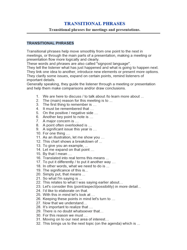 Transitional Phrases For Meetings and Presentations | PDF