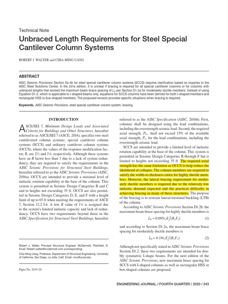 Unbraced Length Requirements For Steel Special Cantilever Column ...