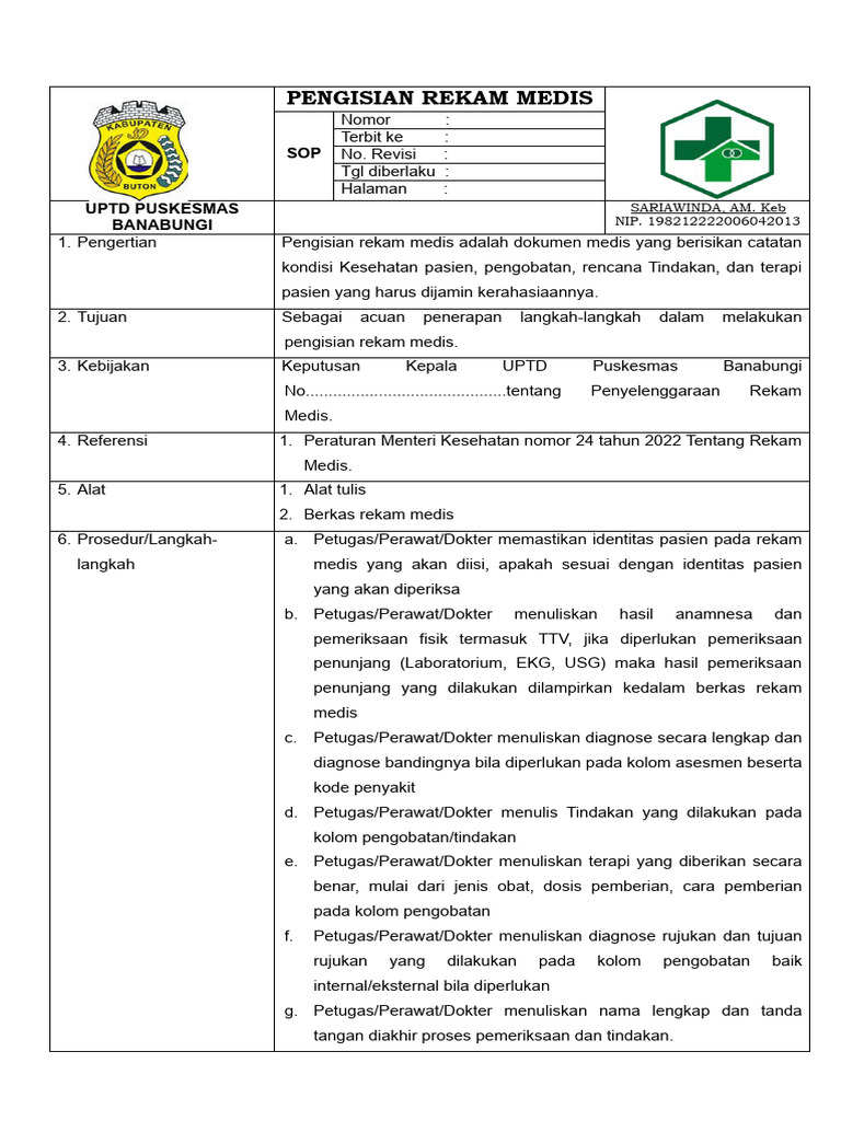 Sop Pengisian Rekam Medis | PDF | Pengembangan Diri | Kesehatan Holistik
